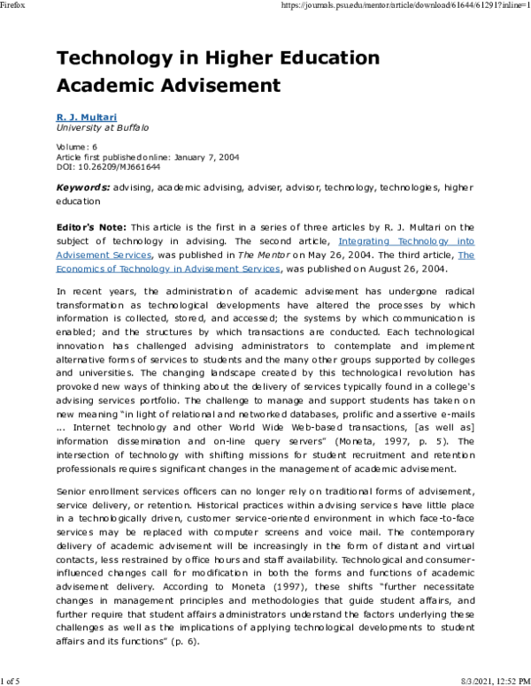 (PDF) Technology in Higher Education Academic Advisement