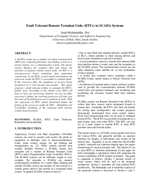 (PDF) Fault tolerant remote terminal units (RTUs) in SCADA systems