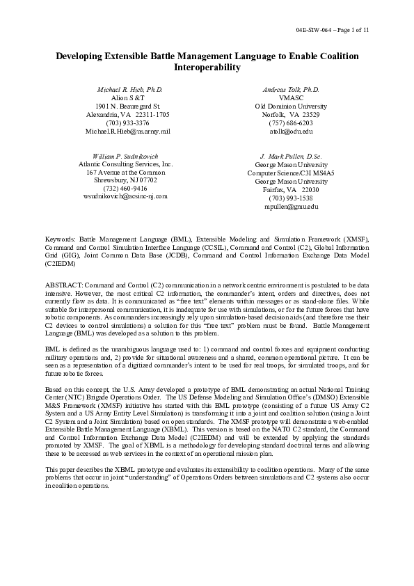 (PDF) Developing extensible battle management language to enable ...