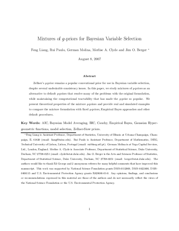 (PDF) Mixtures of g priors for Bayesian variable selection