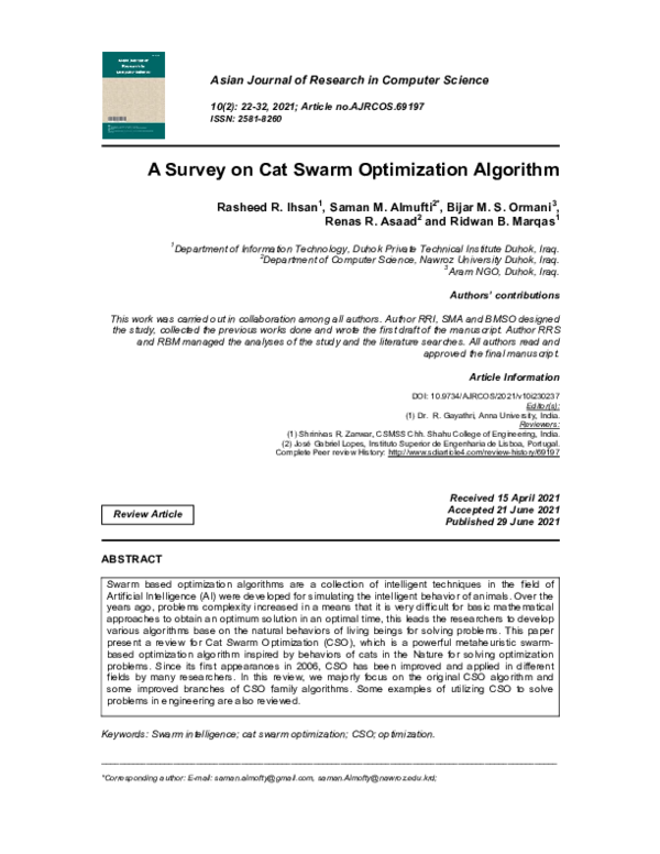 Pdf A Survey On Cat Swarm Optimization Algorithm