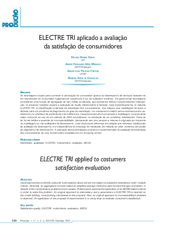 (PDF) ELECTRE TRI applied to costumers satisfaction evaluation
