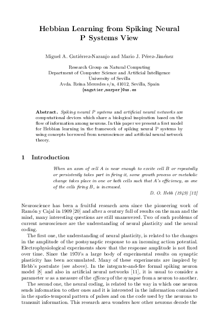 (PDF) Hebbian Learning from Spiking Neural P Systems View
