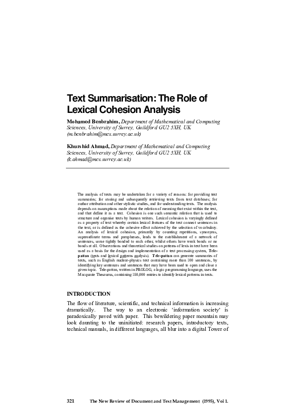 Pdf Text Summarisation The Role Of Lexical Cohesion Analysis