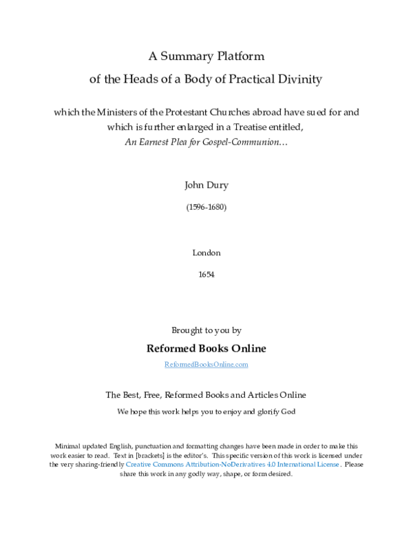 (PDF) John Dury: A Summary Platform of the Heads of a Body of Practical ...