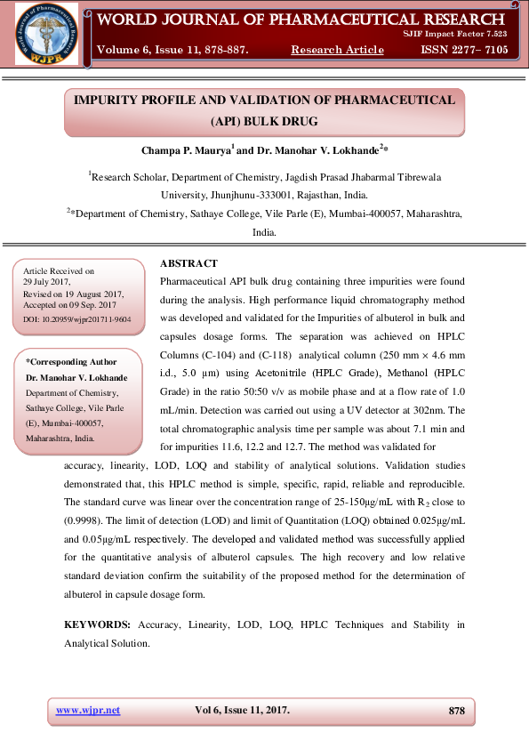 (PDF) Impurity Profile and Validation of Pharmaceutical (Api) Bulk Drug
