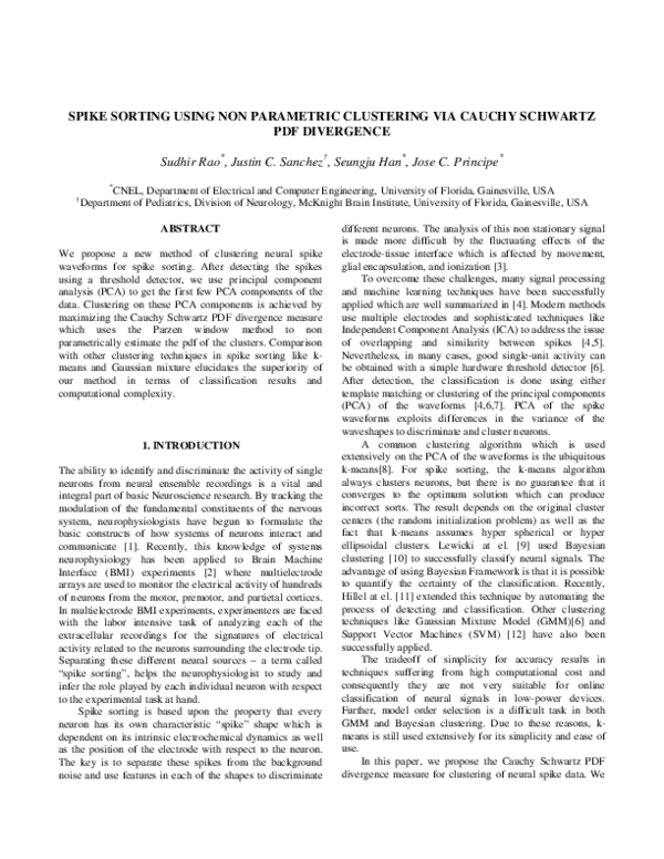 (PDF) Spike Sorting Using non Parametric Clustering VIA Cauchy Schwartz PDF Divergence
