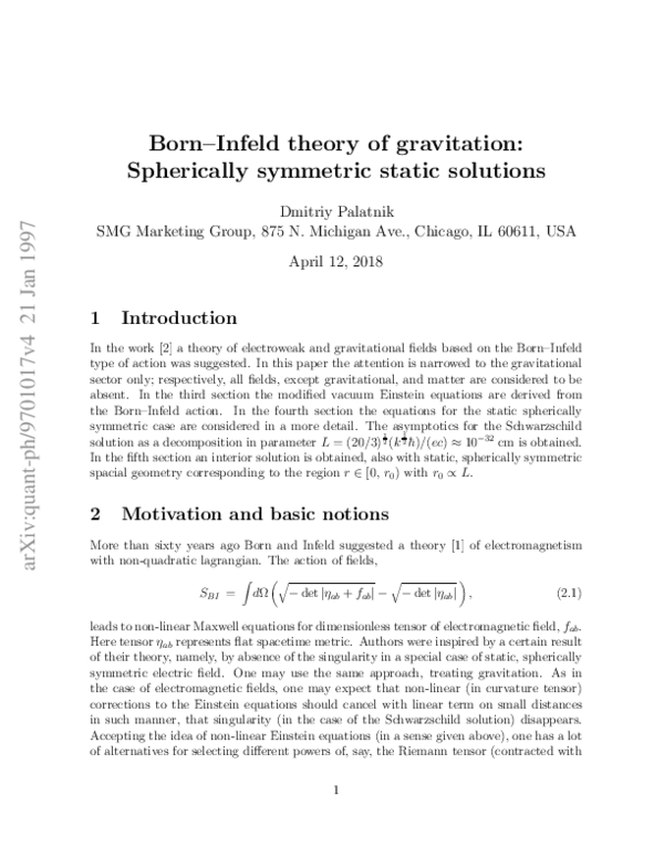 (PDF) Born--Infeld gravitation: Spherically symmetric static solutions