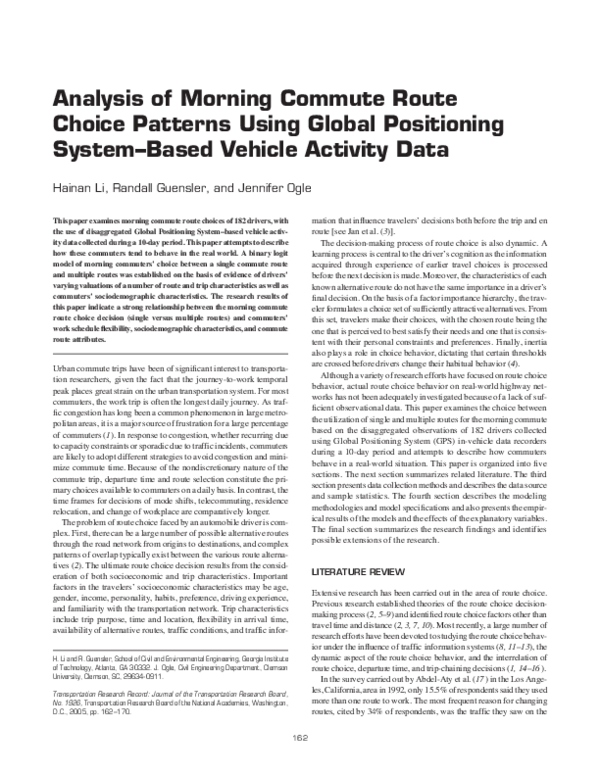 (PDF) Analysis of Morning Commute Route Choice Patterns Using Global Positioning System-Based ...