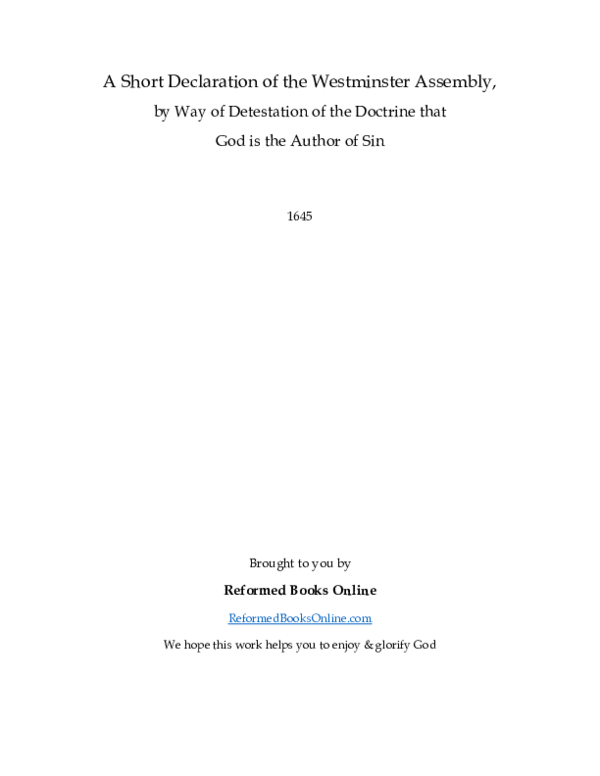 (PDF) A Short Declaration of the Westminster Assembly, by Way of ...