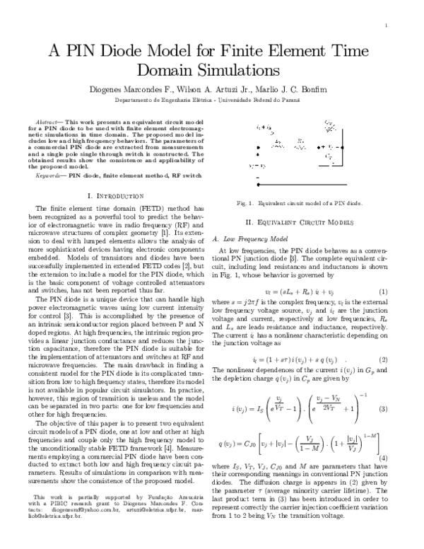 Pdf A Pin Diode Model For Finite Element Time Domain Simulations