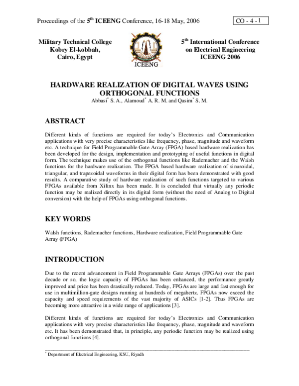 (PDF) Hardware Realization of Digital Waves Using Orthogonal Functions