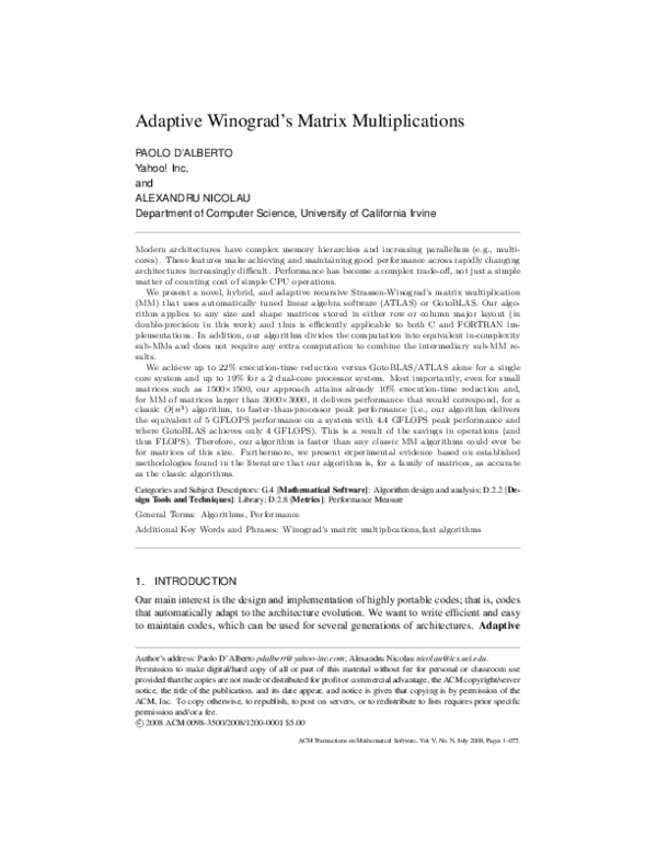 (PDF) Adaptive Winograd's matrix multiplications