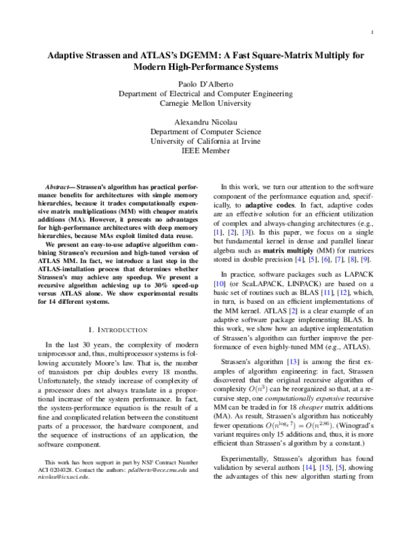 (PDF) Adaptive Strassen and ATLAS's DGEMM: a fast square-matrix multiply for modern high ...