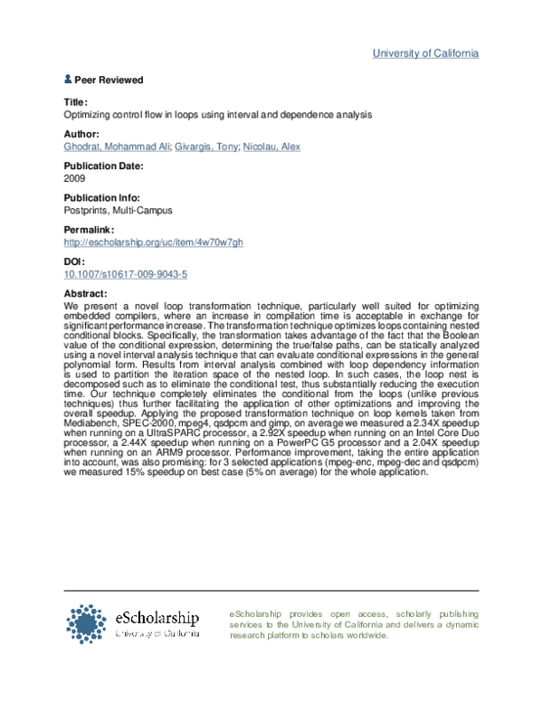 Pdf Optimizing Loop Control Flow Via Dependency Analysis 