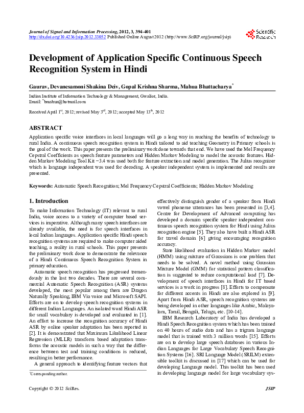 (PDF) Development of Application Specific Continuous Speech Recognition System in Hindi