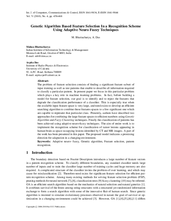 Pdf Genetic Algorithm Based Feature Selection In A Recognition Scheme Using Adaptive Neuro