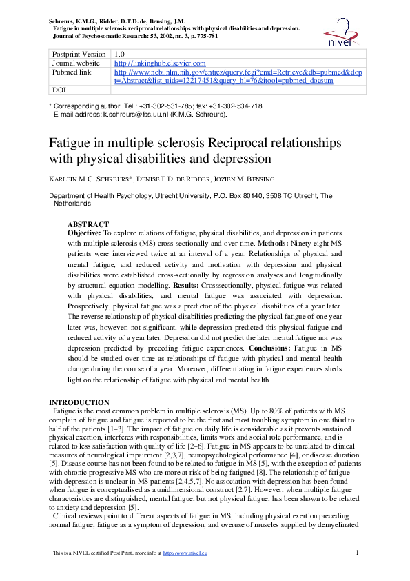 (PDF) Fatigue in multiple sclerosis