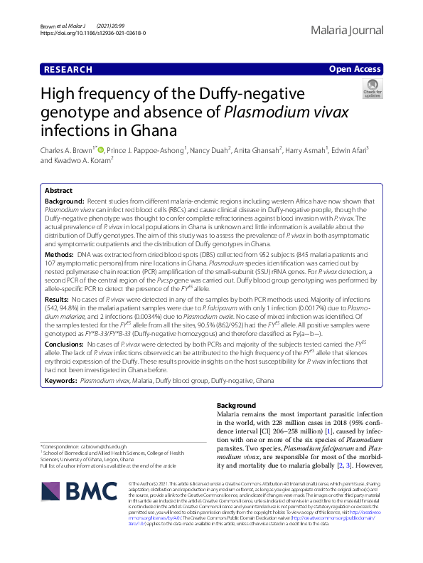 (PDF) High frequency of the Duffy-negative genotype and absence of ...