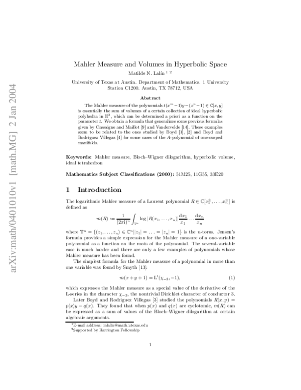 (PDF) Mahler Measure and Volumes in Hyperbolic Space