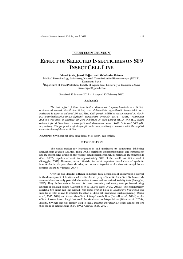 (PDF) Effect of Selected Insecticides on SF9 Insect Cell Line