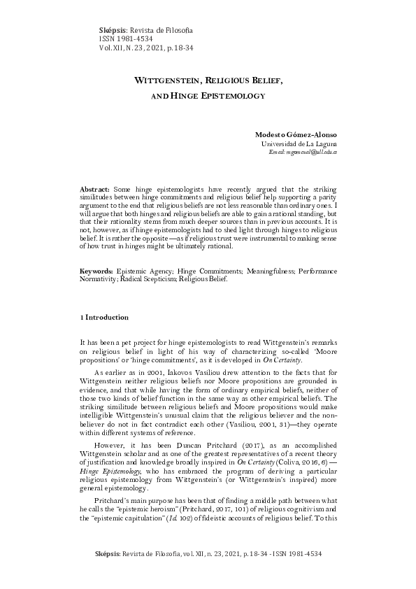 (PDF) WITTGENSTEIN, RELIGIOUS BELIEF, AND HINGE EPISTEMOLOGY (PDF) WITTGENSTEIN, RELIGIOUS BELIEF, AND HINGE EPISTEMOLOGY