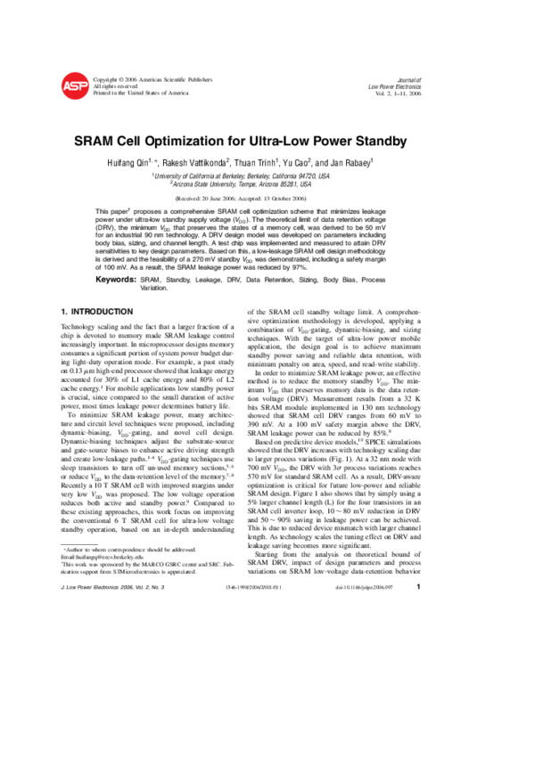 (PDF) SRAM Cell Optimization for Ultra-Low Power Standby