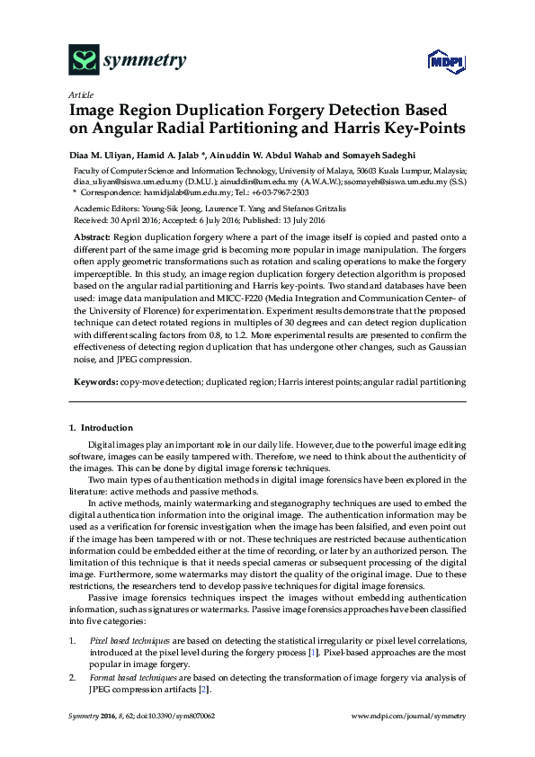 Image Region Duplication Forgery Detection Based On Angular Radial Partitioning And Harris Key 