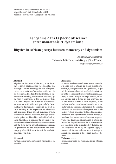 (PDF) Rythme Dans La Poésie Africaine : Entre Monotonie et Dynamisme