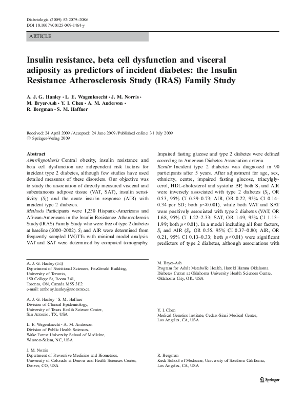 (PDF) Insulin resistance, beta cell dysfunction and visceral adiposity ...