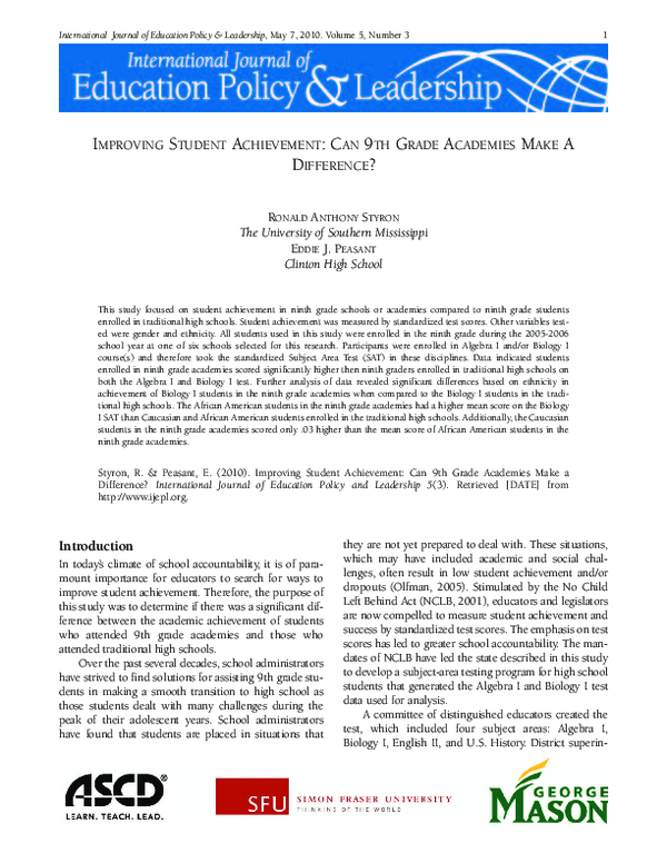 (PDF) Improving Student Achievement: Can 9th Grade Academies Make a ...