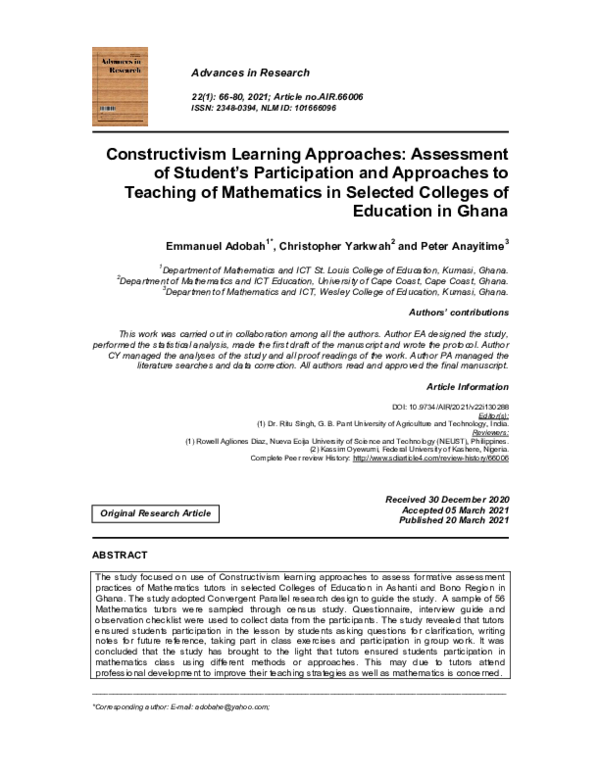 (PDF) Constructivism Learning Approaches: Assessment of Student’s ...