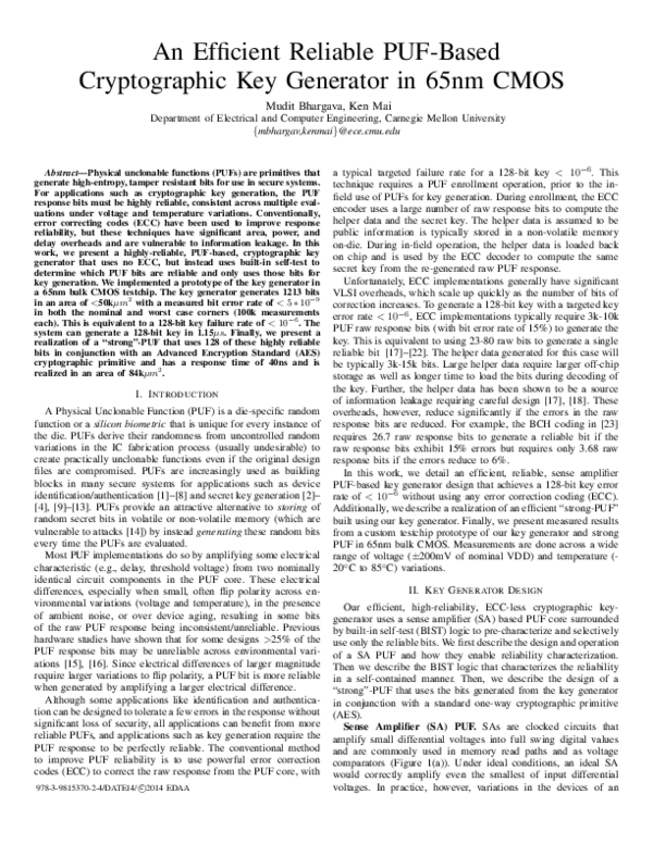 (PDF) An efficient reliable PUF-based cryptographic key generator in 65nm CMOS