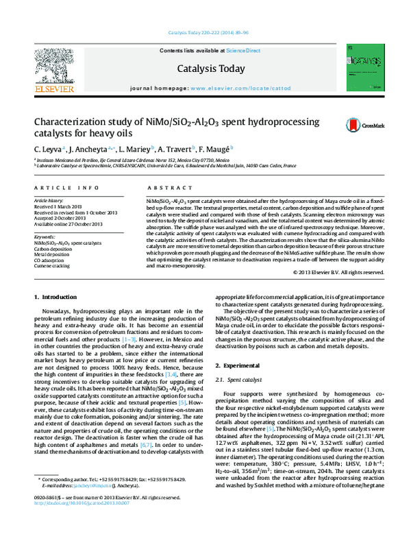 (PDF) Characterization study of NiMo/SiO2-Al2O3 spent hydroprocessing catalysts for heavy oils