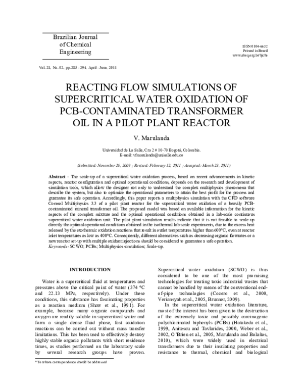 (PDF) Reacting flow simulations of supercritical water oxidation of PCB-contaminated transformer ...