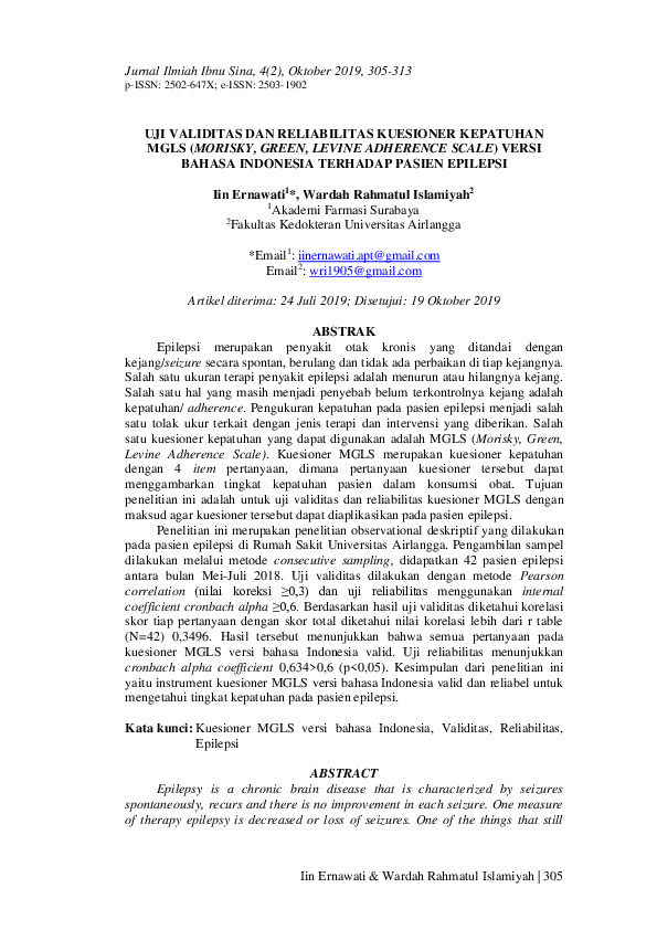 (PDF) Uji Validitas Dan Reliabilitas Kuesioner Kepatuhan MGLS (Morisky ...