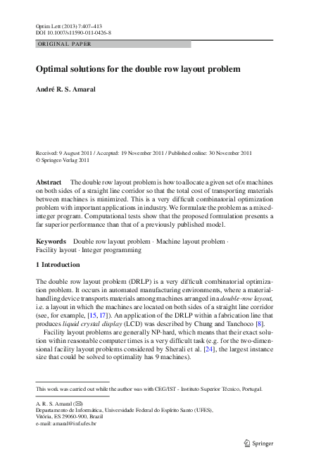 Pdf Optimal Solutions For The Double Row Layout Problem