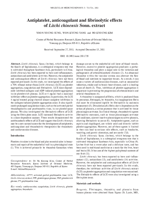 (PDF) Antiplatelet, anticoagulant, and fibrinolytic activity in vitro of extracts from selected ...