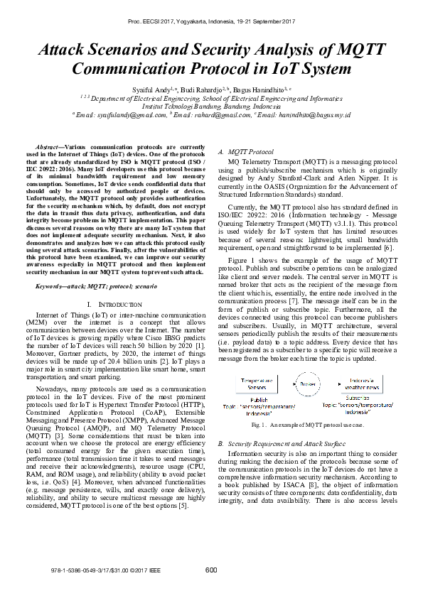 (PDF) Attack Scenarios and Security Analysis of MQTT Communication Protocol in IoT System