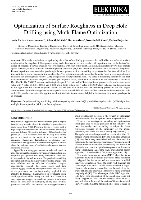 Pdf Optimization Of Surface Roughness In Deep Hole Drilling Using Moth Flame Optimization