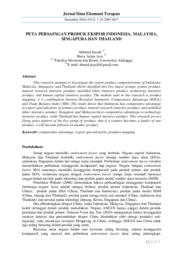 (PDF) Peta Persaingan Produk Ekspor Indonesia, Malaysia, Singapura Dan Thailand | AKHMAD JAYADI ...