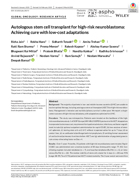 (PDF) Autologous stem cell transplant for high-risk neuroblastoma ...