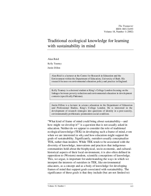 (PDF) Traditional ecological knowledge for learning with sustainability in mind