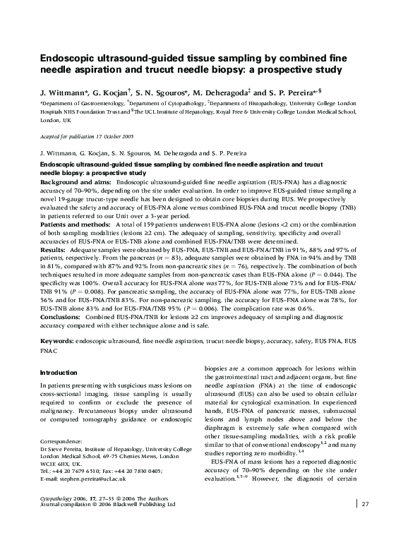 (PDF) Endoscopic ultrasound-guided tissue sampling by combined fine needle aspiration and trucut ...