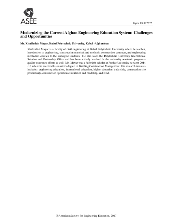 (PDF) Board # 80 : Modernizing the Current Afghan Engineering Education ...