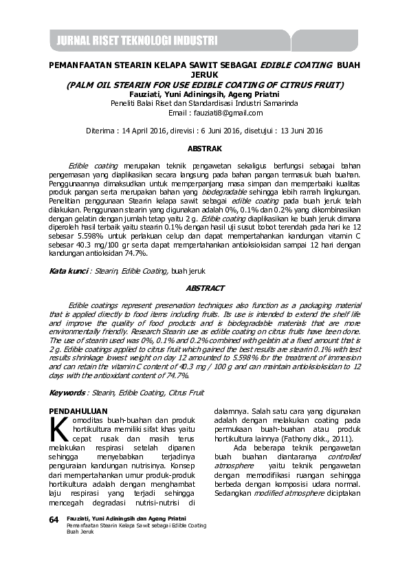 (PDF) Pemanfaatan Stearin Kelapa Sawit sebagai Edible Coating Buah Jeruk