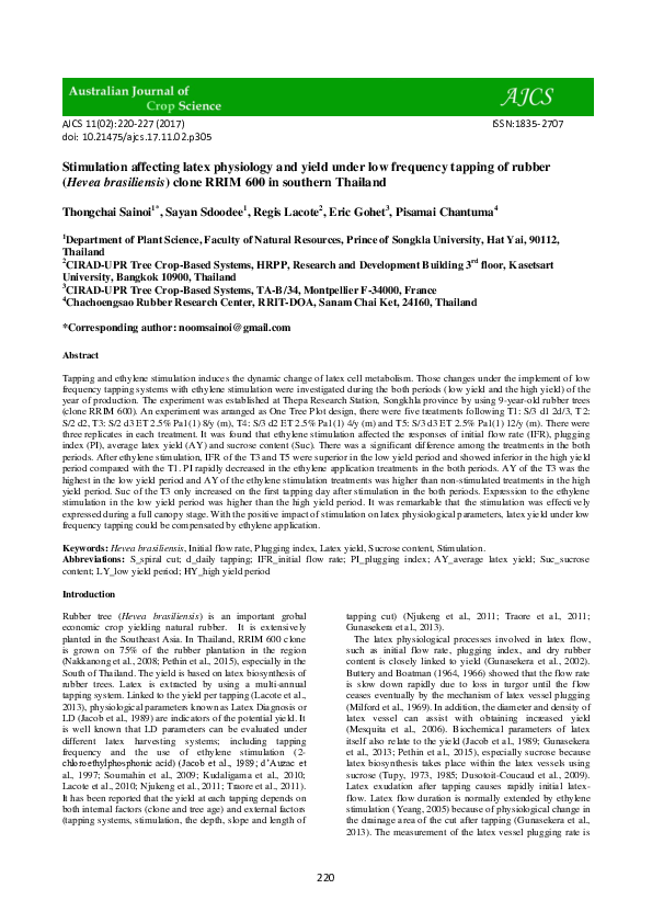 (PDF) Stimulation affecting latex physiology and yield under low ...