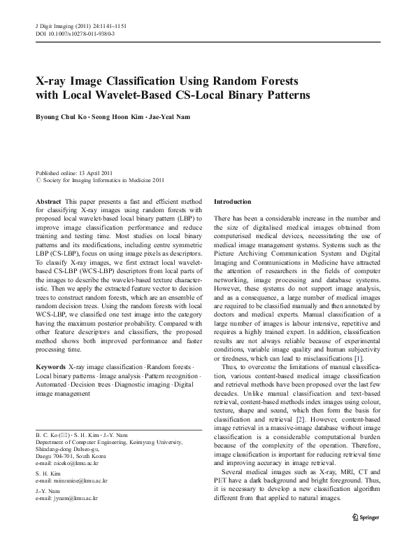 Pdf X Ray Image Classification Using Random Forests With Local Wavelet Based Cs Local Binary