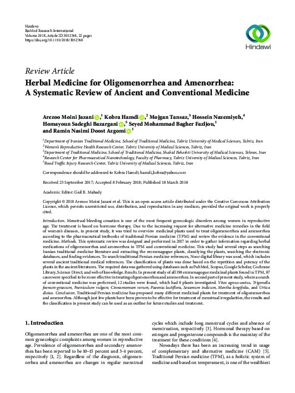 (PDF) Herbal Medicine for Oligomenorrhea and Amenorrhea: A Systematic ...