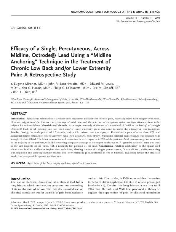 (PDF) Efficacy of a Single, Percutaneous, Across Midline, Octrode® Lead ...